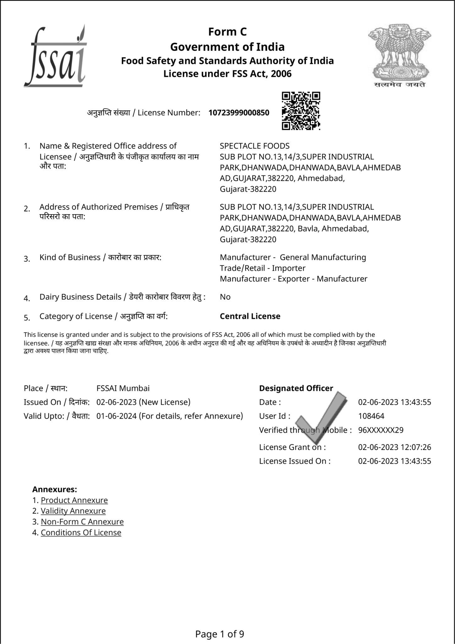 Certificates - Spectacal Foods